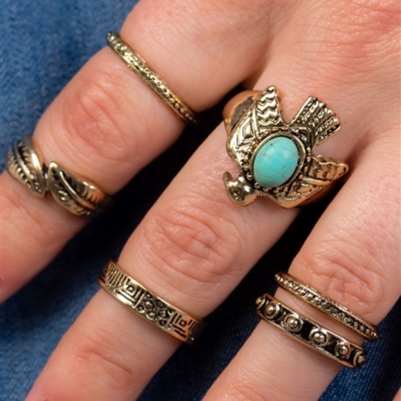 Jewelry | Gold Turquoise Boho Ring Set | Poshmark